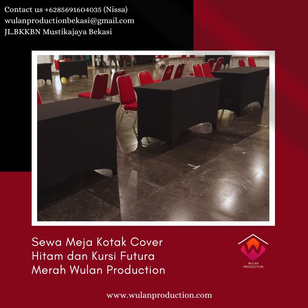 Rental Meja Kotak Cover Hitam dan Kursi Futura Merah Jakarta