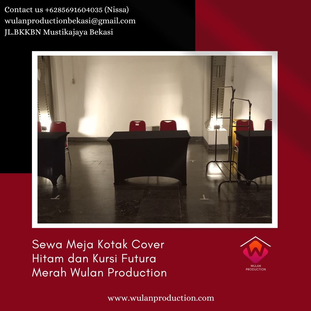 Rental Meja Kotak Cover Hitam dan Kursi Futura Merah Jakarta